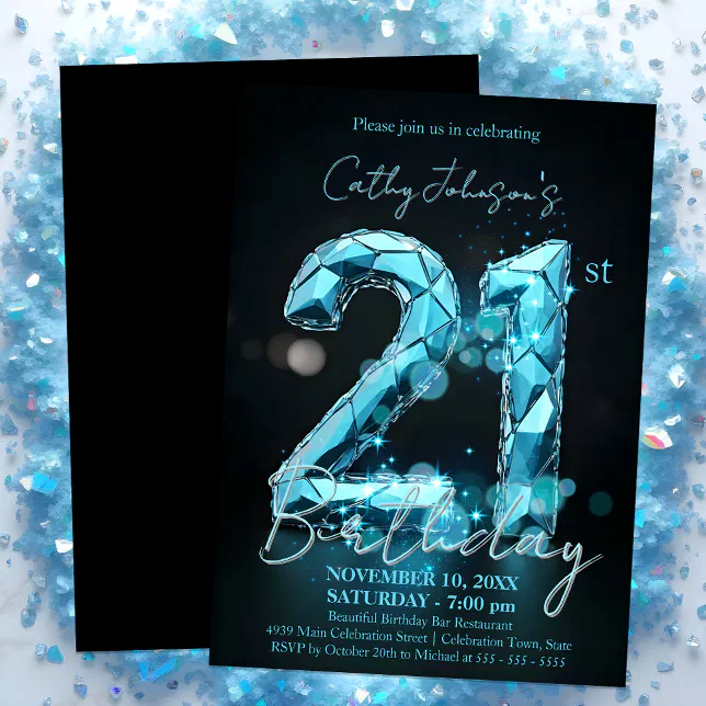 Elegant Sapphire Blue and Black 21st Birthday Invitation | Zazzle