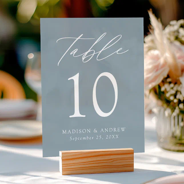 Elegant Script Dusty Blue Wedding Table Number Acrylic Sign | Zazzle