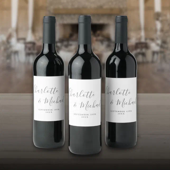 Elegant Signature Script Gray And White Wedding Wine Label | Zazzle
