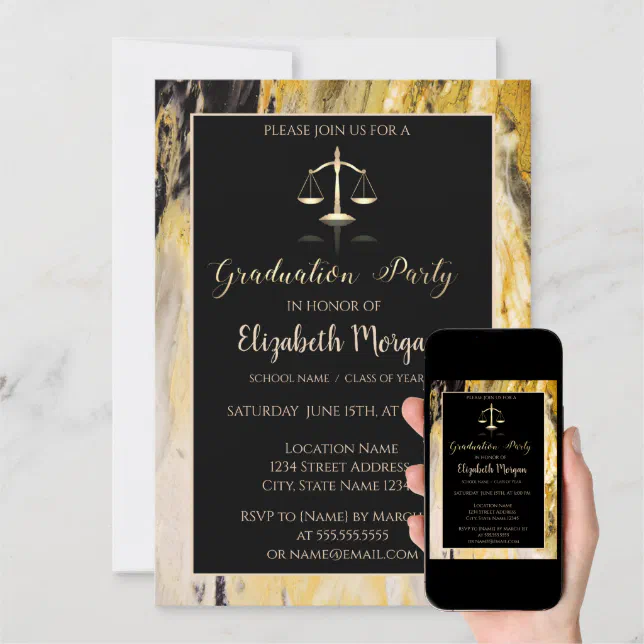 Elegant Trendy Marble Law School Graduation Party Invitation | Zazzle