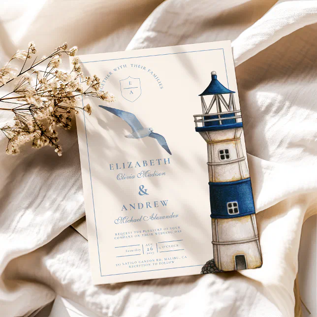 Elegant Watercolor Nautical Lighthouse Wedding Invitation | Zazzle