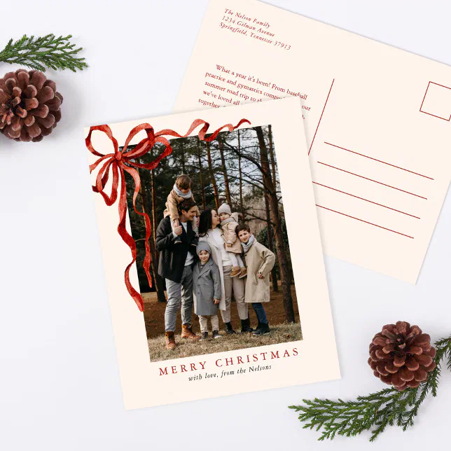 Elegant Watercolor Red Bow Christmas Photo Holiday Postcard | Zazzle