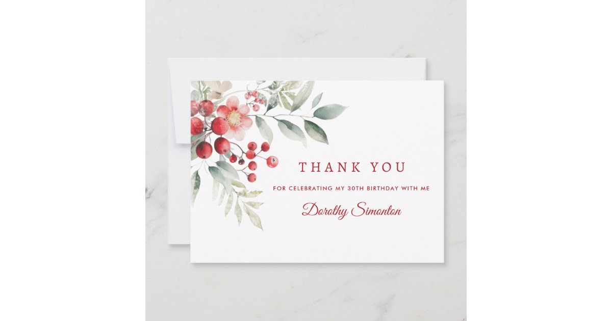 Elegant Winter Berry Botanical 30th Birthday Flat Thank You Card | Zazzle
