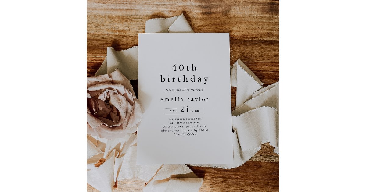 EMELIA Boho Minimalist Unique Rustic 40th Birthday Invitation | Zazzle