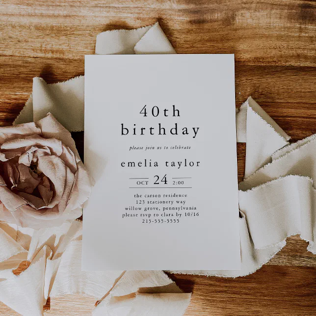 EMELIA Boho Minimalist Unique Rustic 40th Birthday Invitation | Zazzle