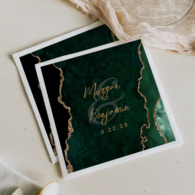 Emerald Green Agate Gold Script Wedding Napkin | Zazzle