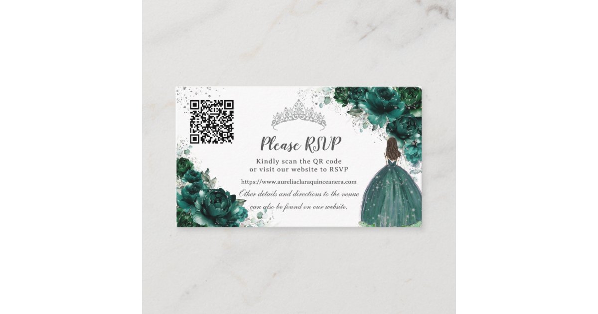 Emerald Green Floral Silver Quinceañera QR Code Enclosure Card | Zazzle