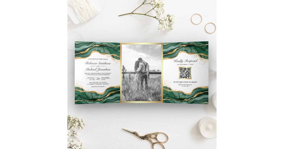 Emerald Green Gold Abstract Ink QR Code Wedding Tri-Fold Invitation ...