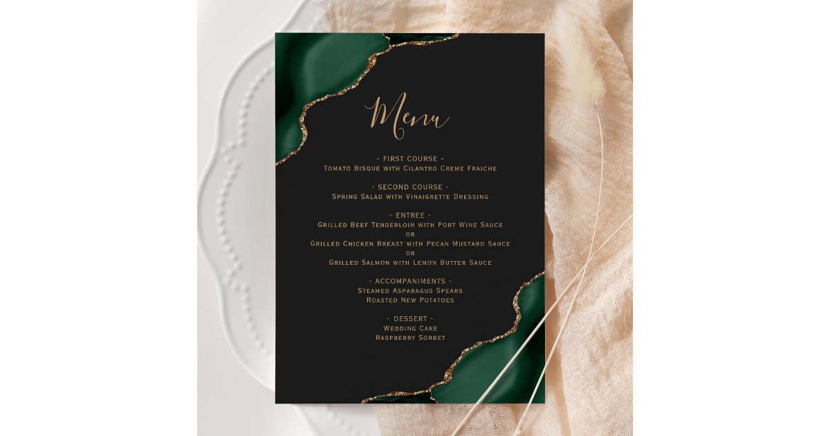 Emerald Green Gold Dark Wedding Menu | Zazzle