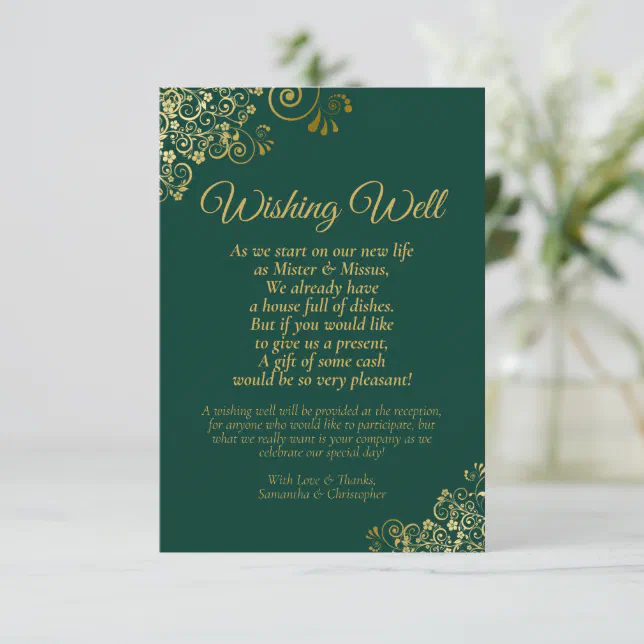 Emerald Green Gold Lace Wedding Wishing Well Poem Enclosure Card | Zazzle