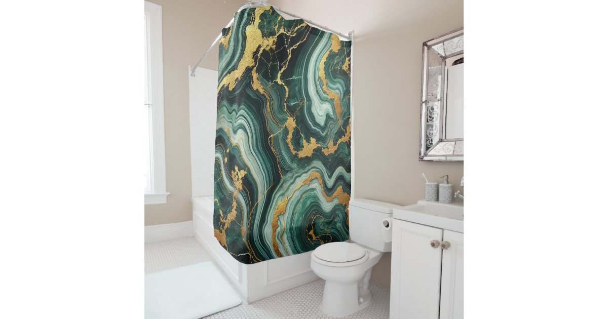 Emerald Green & Gold Marble Look Glam Wedding Shower Curtain | Zazzle