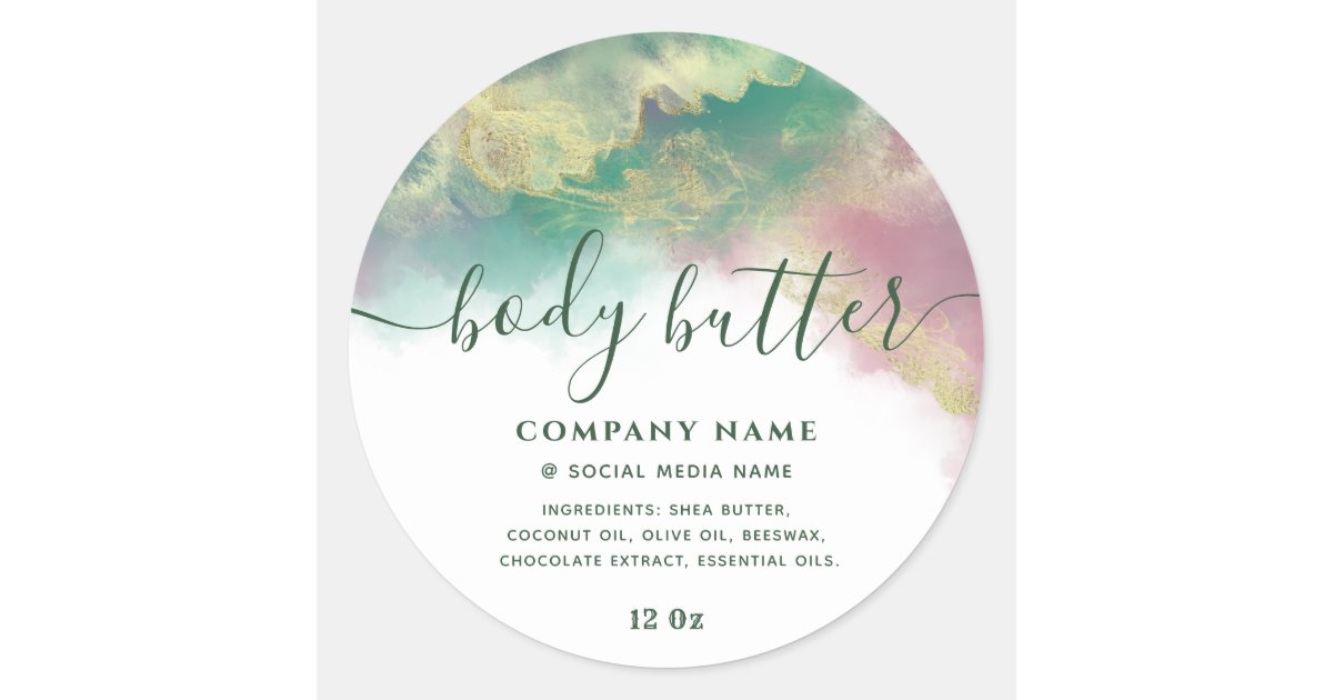 Emerald green gold watercolor script body butter classic round sticker ...