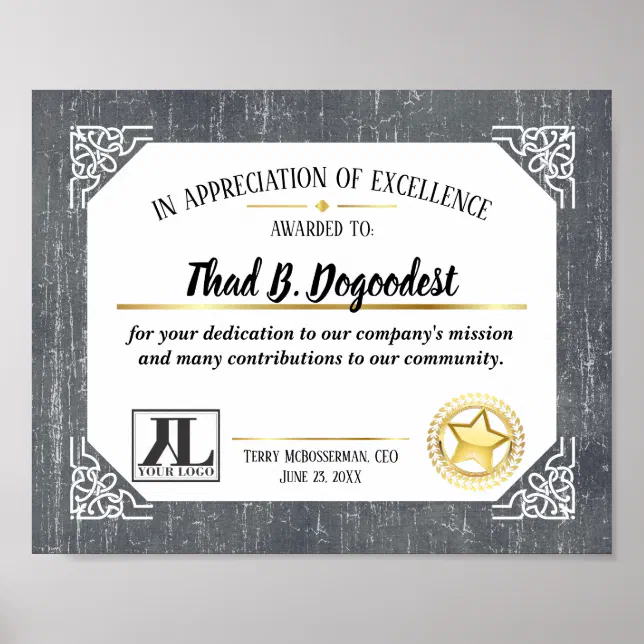 Employee volunteer recognition excellence cert poster | Zazzle