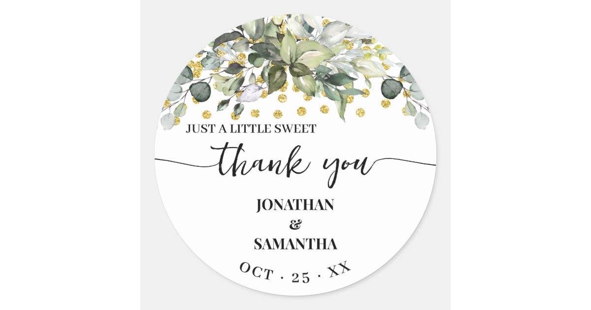 Eucalyptus Gold Wedding A Sweet Thank You Classic Round Sticker | Zazzle