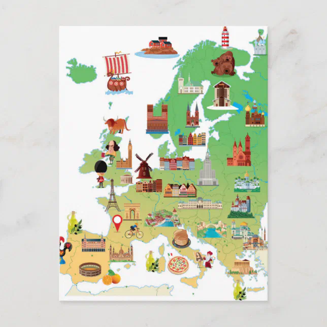 Europe Cartoon Map Postcard | Zazzle