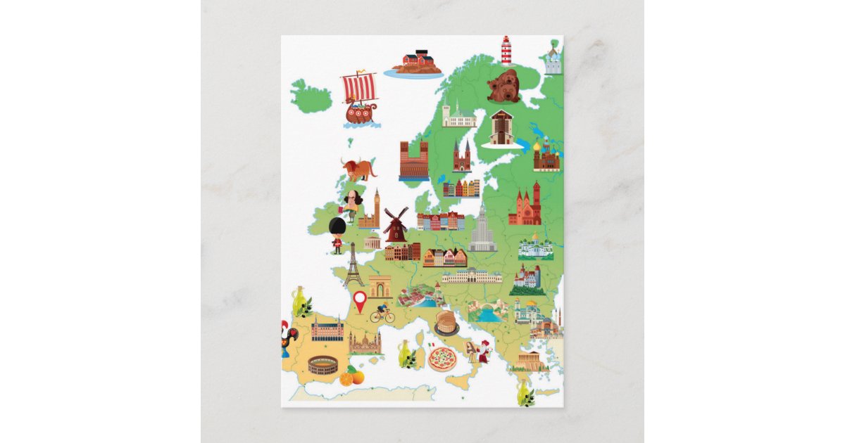 Europe Cartoon Map Postcard | Zazzle