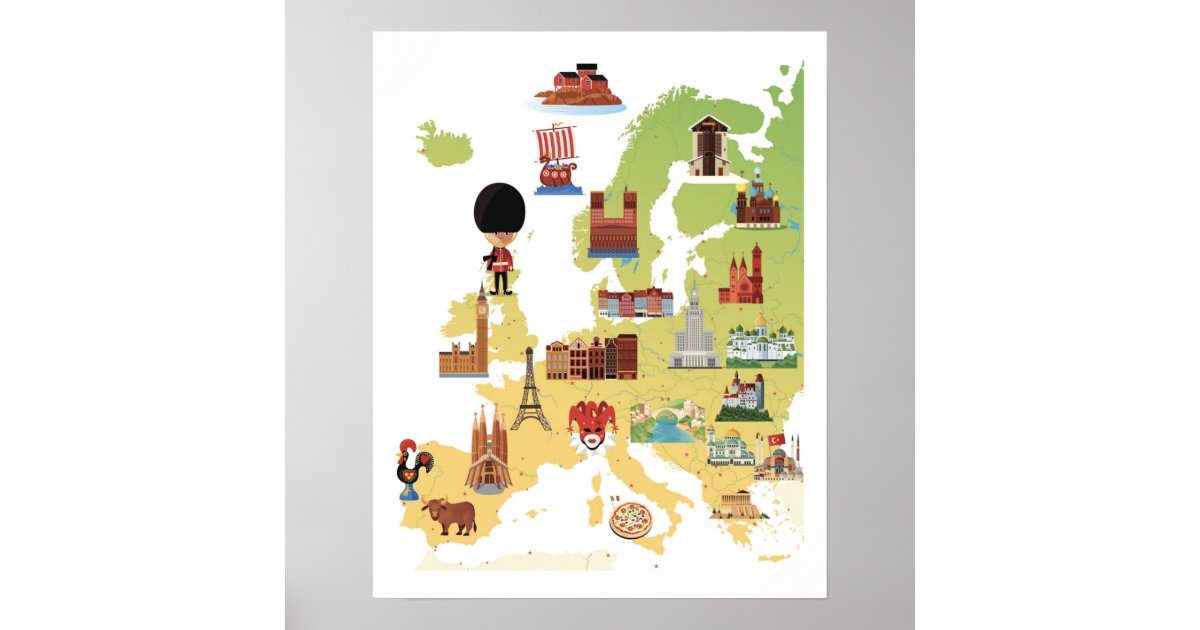 European Cartoon Map Poster | Zazzle