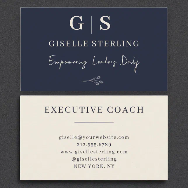 Executive Coach Monogram Elegant Navy Blue Cream Business Card | Zazzle