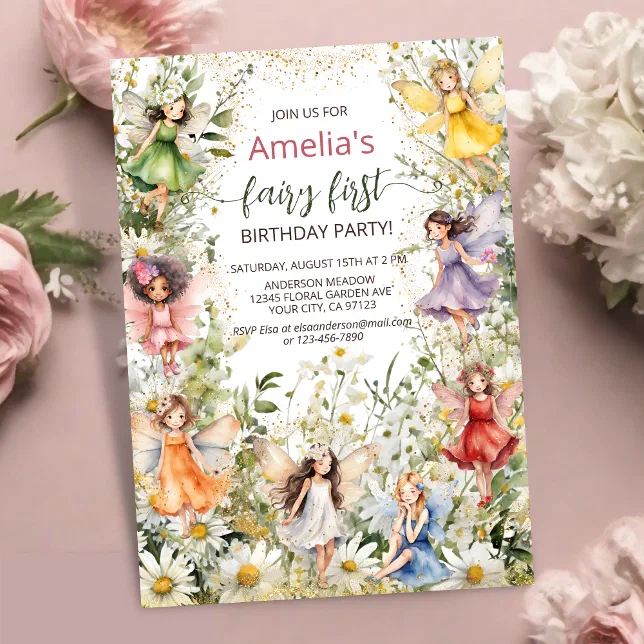 Fairy First 1st Colourful Magical Cute Birthday Invitation | Zazzle