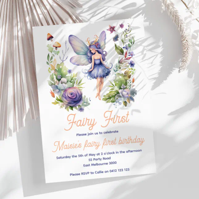 Fairy First Cute Watercolor 1st Birthday Invitation | Zazzle