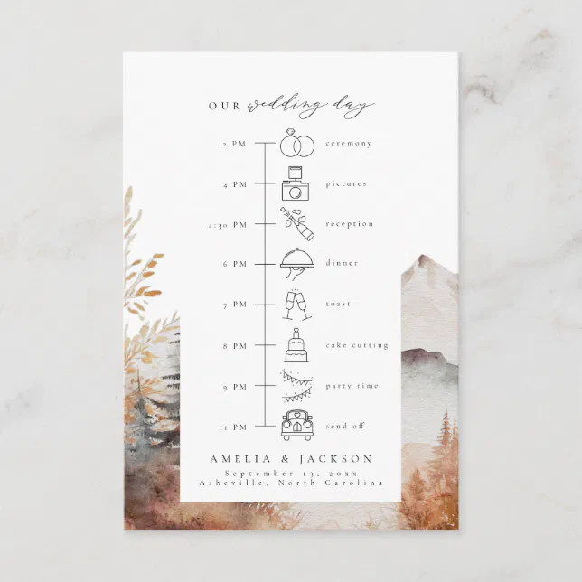 Fall Mountain Wedding Timeline with Icons Enclosure Card | Zazzle