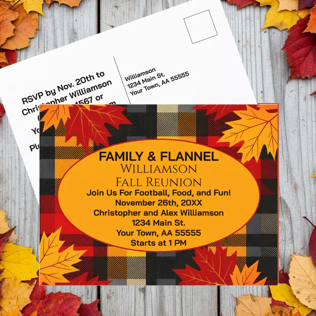 Family & Flannel Fall Reunion Postcard Invitation | Zazzle