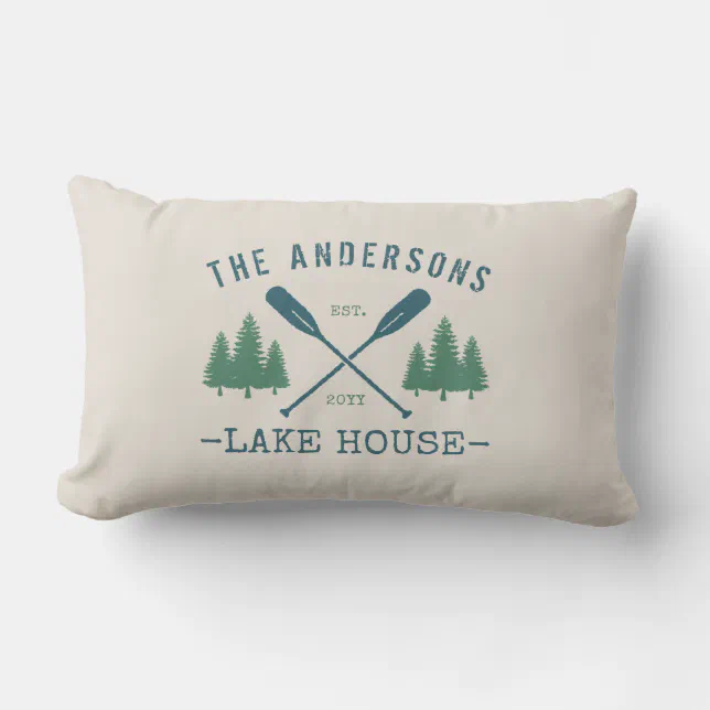 Family Name Lake House Oars Pine Trees Outdoor Lumbar Cushion | Zazzle