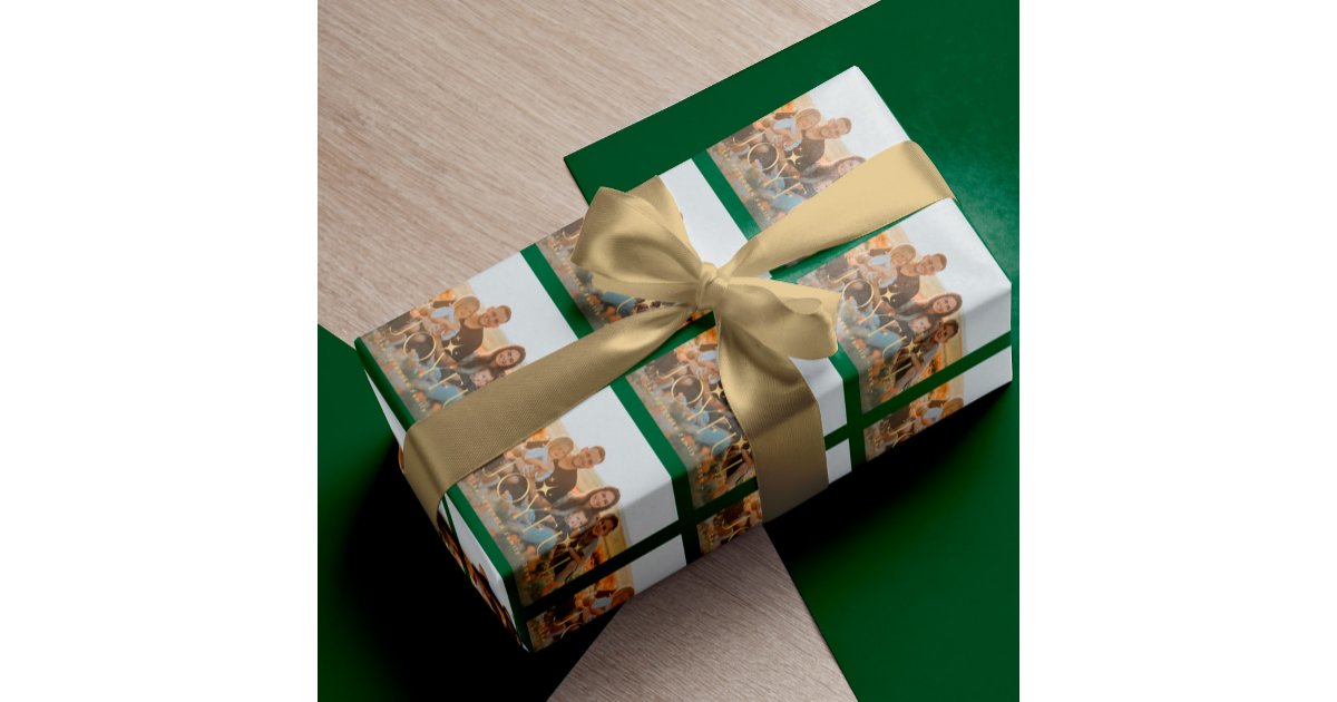 Family photo Christmas green gold joyful custom Wrapping Paper | Zazzle