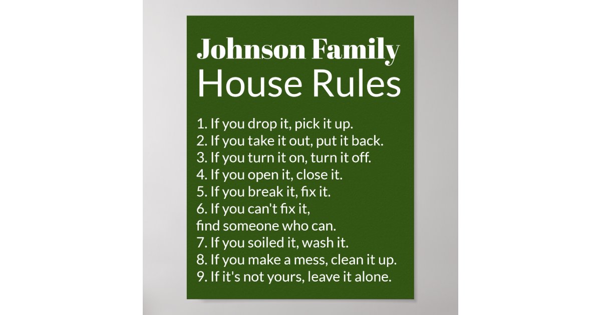 Family's House Rules Dark Green and White Template Poster | Zazzle