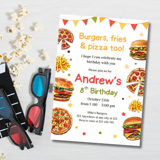 Fast Food Birthday Party Invite, Burger & Pizza Invitation | Zazzle