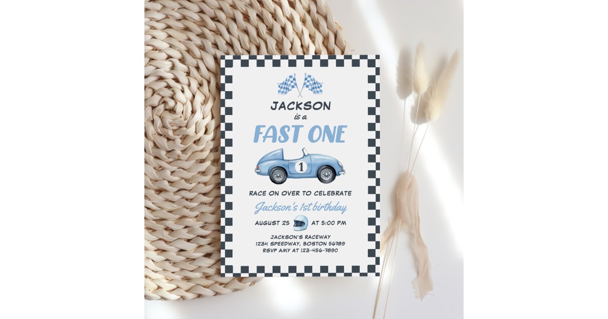 Fast One Blue Race Car 1st Birthday Invitation | Zazzle