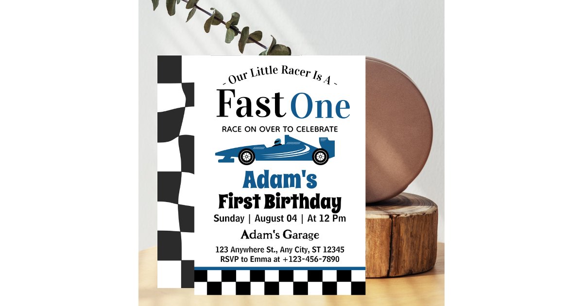 Fast One Blue Race Car Boy 1st Birthday Party Invitation | Zazzle