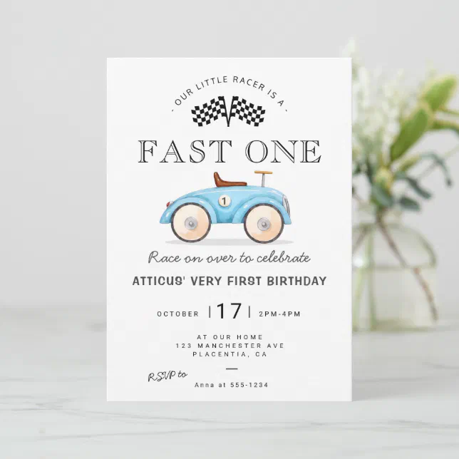 Fast ONE First Birthday Toy Vintage Race Car Invitation | Zazzle