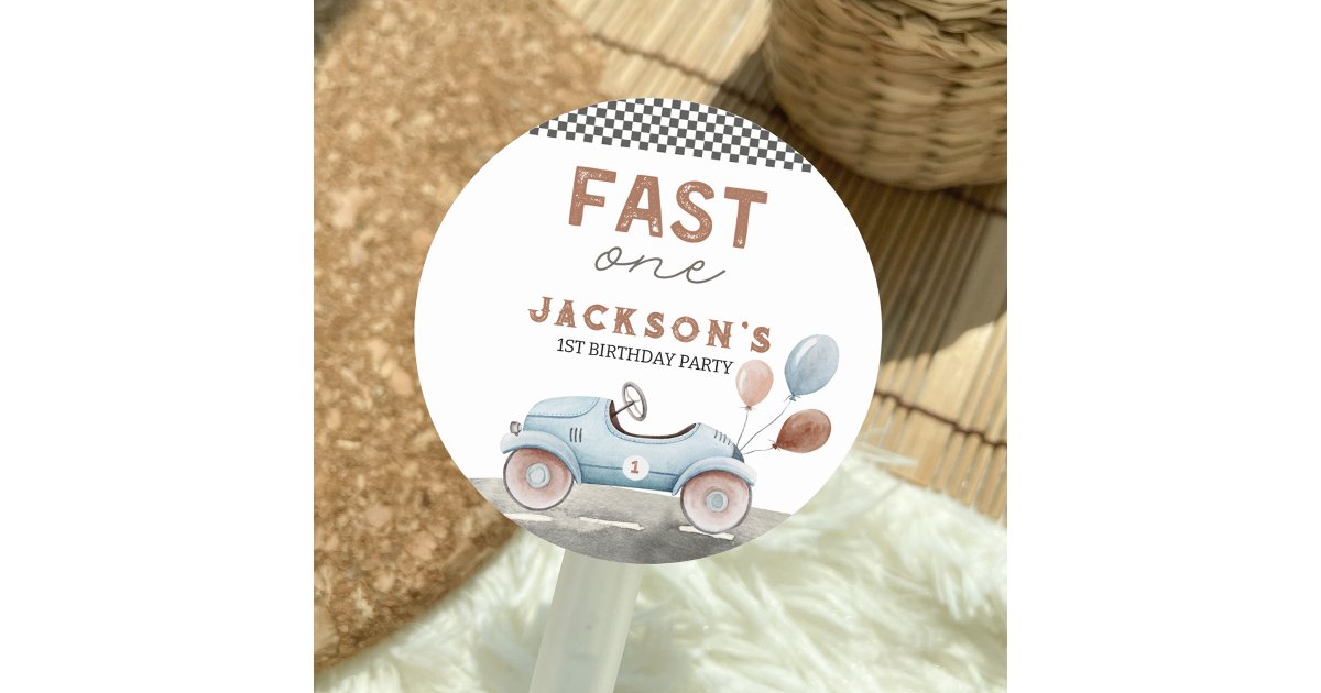Fast One Racing Car Blue Boy 1st Birthday Classic Round Sticker | Zazzle
