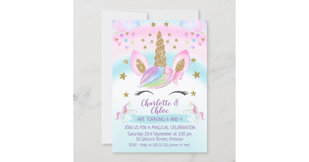 Faux Gold Unicorn Rainbow Joint Birthday Invitation | Zazzle