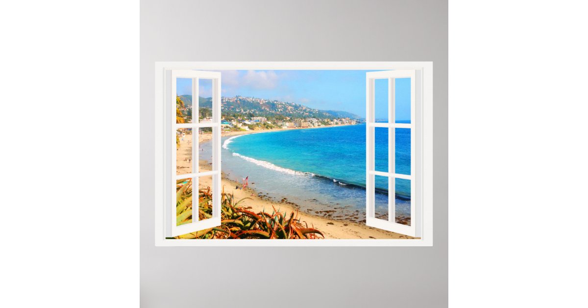 Faux Window with Beach Ocean Poster | Zazzle