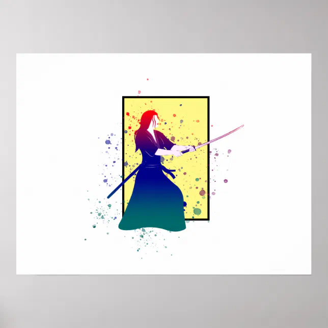 Female Samurai Warrior with Sword Paint Splash Poster | Zazzle