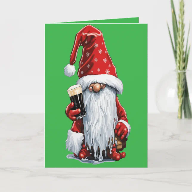 Festive Gnome Holding A Glass Of‎ Irish Dry Stout Holiday Card | Zazzle