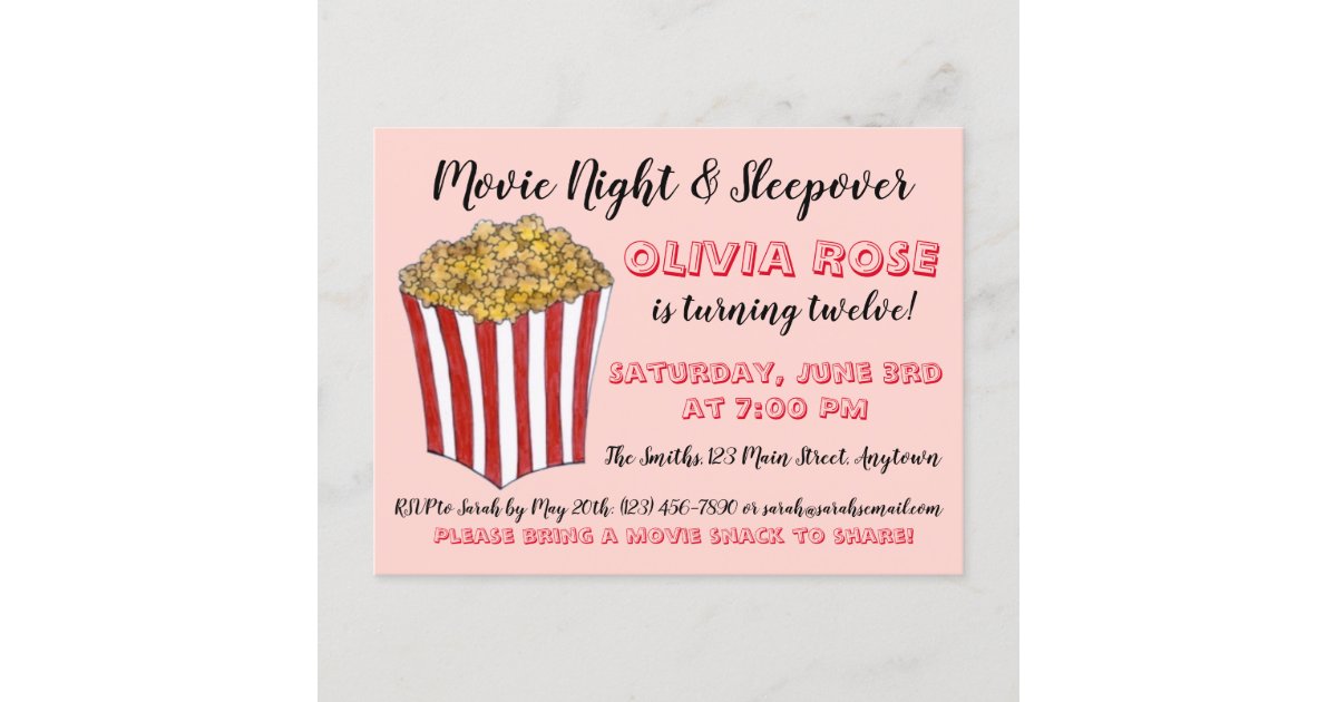 Film Movie Night Sleepover Popcorn Birthday Party Invitation Postcard ...