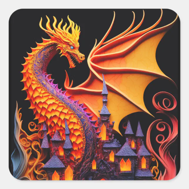 Fire Dragon Castle Fantasy Art Mythical Creatures Square Sticker | Zazzle