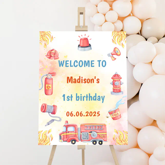 Fire Truck Firefighter 1st Birthday Welcome Sign | Zazzle