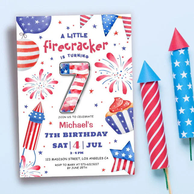 Firecracker 4th July 7th Birthday Patriotic Cute Invitation | Zazzle