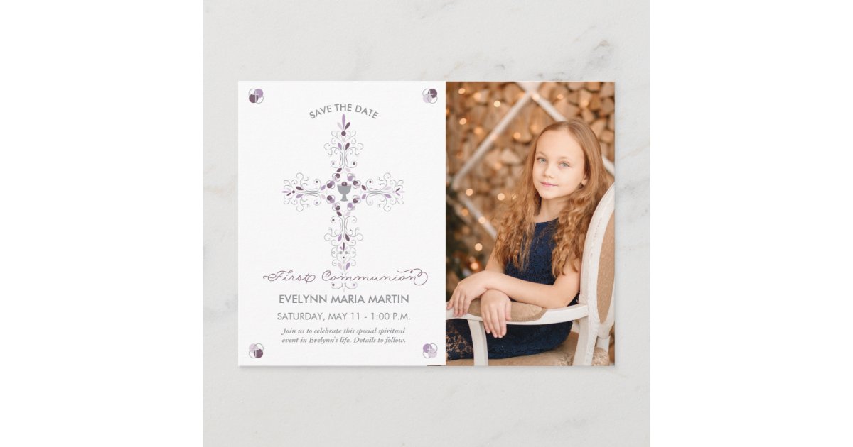 First Communion Save The Date Postcard with Photo | Zazzle
