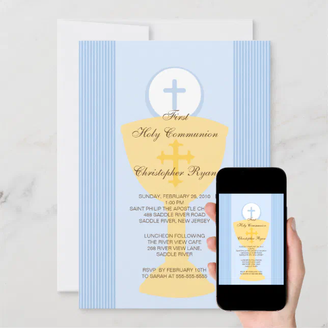 First Holy Communion Invitation Chalice Boy Blue | Zazzle