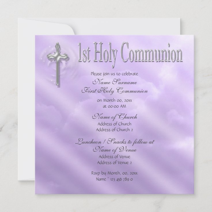 First holy communion purple religious invitation | Zazzle