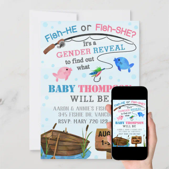 Fishing Gender Reveal Invitation, Fish-HE Fish-SHE Invitation | Zazzle