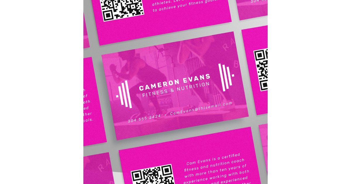Fitness trainer coach modern pink photo qr code business card | Zazzle