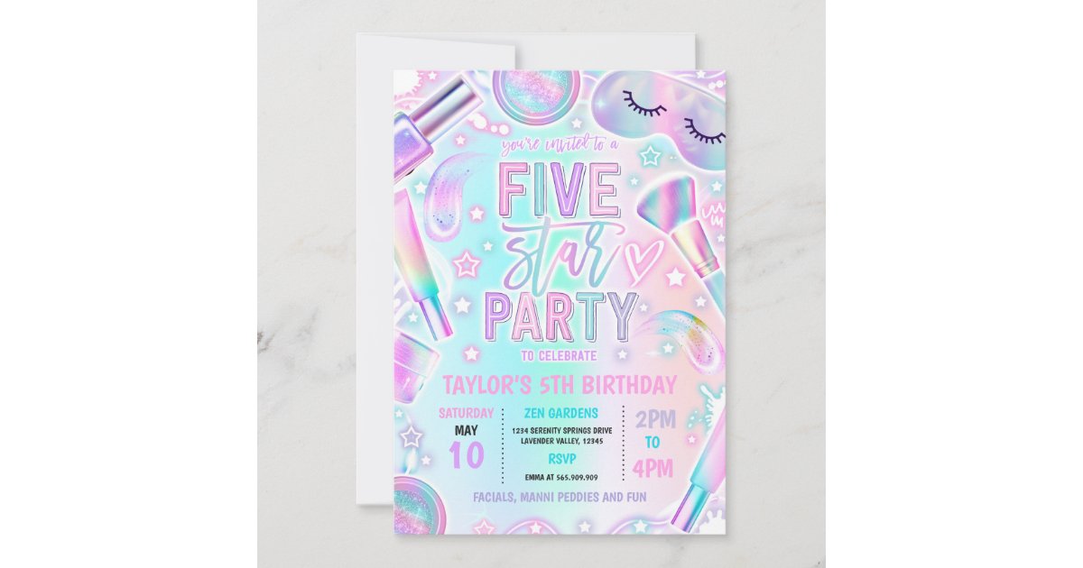Five Star Party Pastel Spa Makeup 5th Birthday Invitation | Zazzle