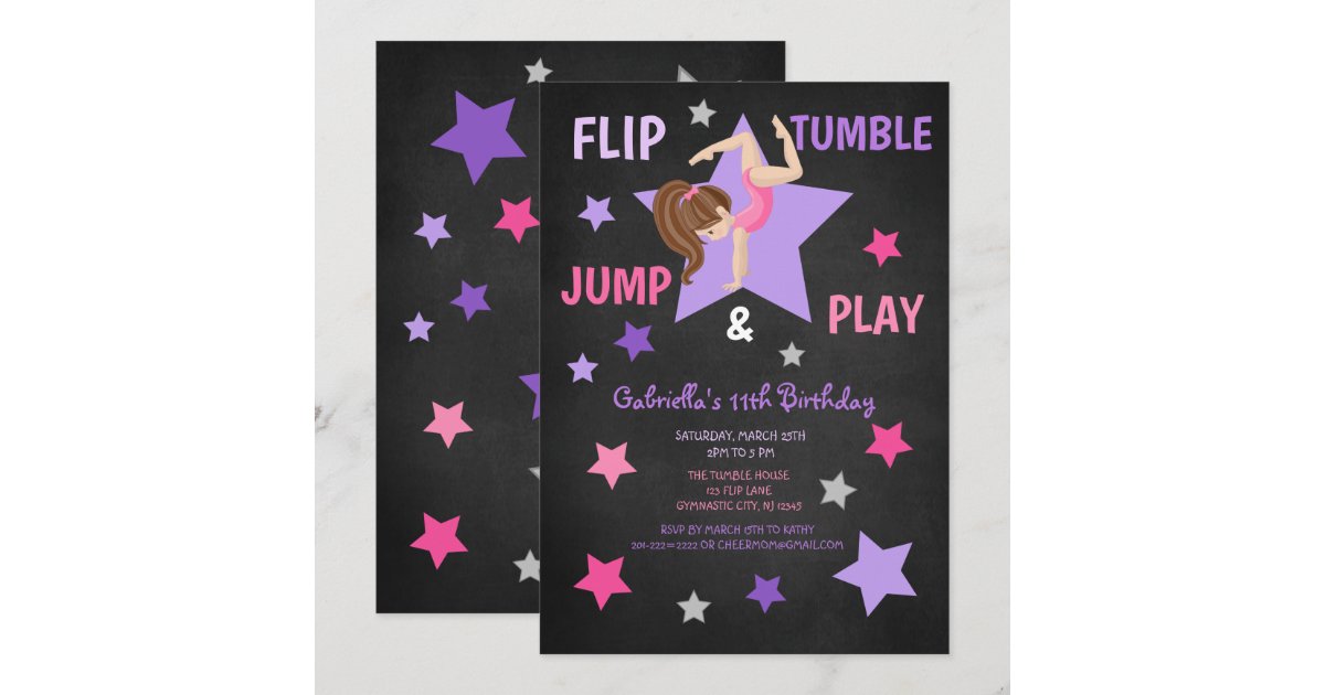 Flip, Tumble, Jump, & Play Gymnastics Birthday Invitation | Zazzle