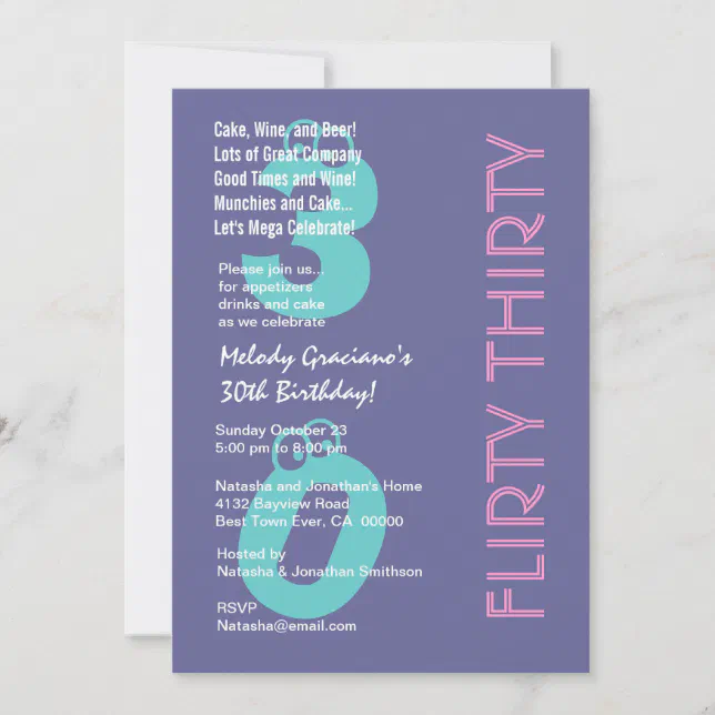 Flirty Thirty Purple Blue Pink Birthday Modern Invitation | Zazzle